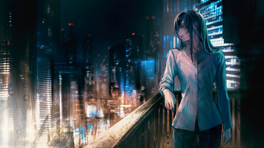 Safebooru - 1girl ado (utaite) black pants blue eyes blue hair building ...