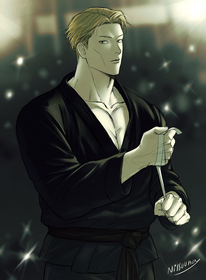 Safebooru - 1boy belt black belt black pants black shirt blonde hair collarbone dougi highres ...