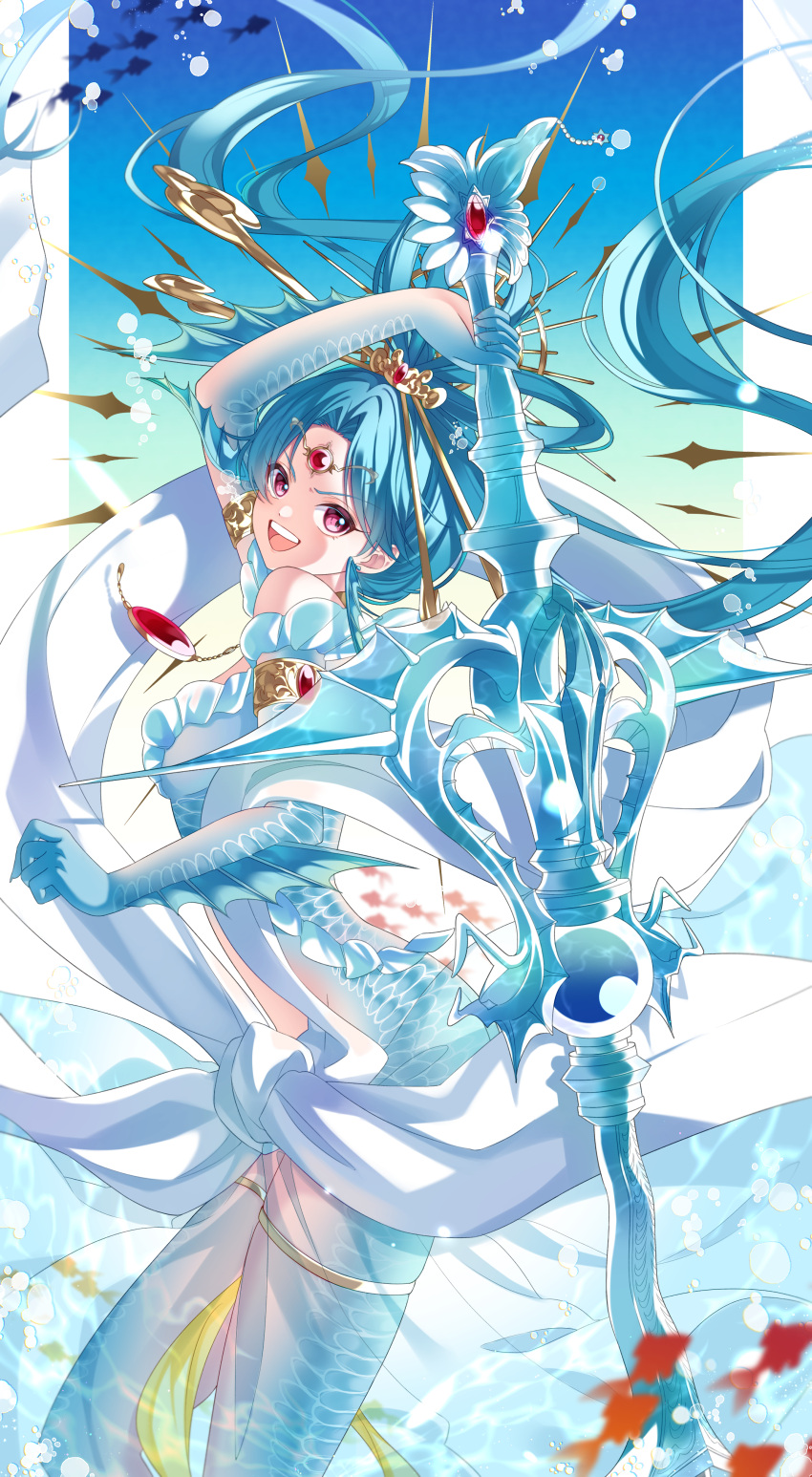 Safebooru - >:) 1girl :d absurdres air bubble arm fins armlet blue ...