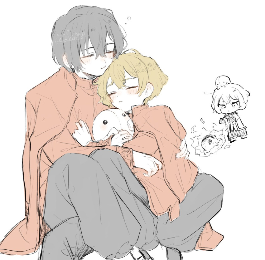 Safebooru - 2boys black pants blush bongy (project moon) closed eyes ...