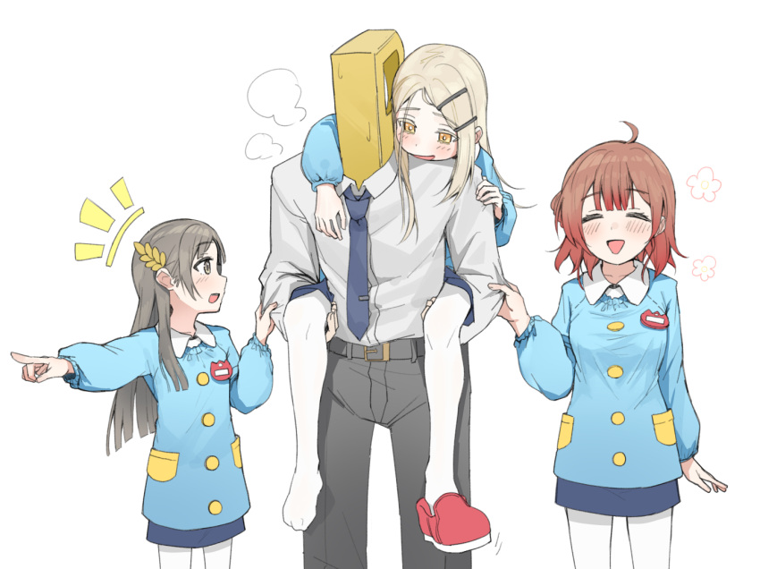 Safebooru - 1boy 3girls ^ ^ ahoge black pants blue shirt blue skirt blush brown hair carrying ...