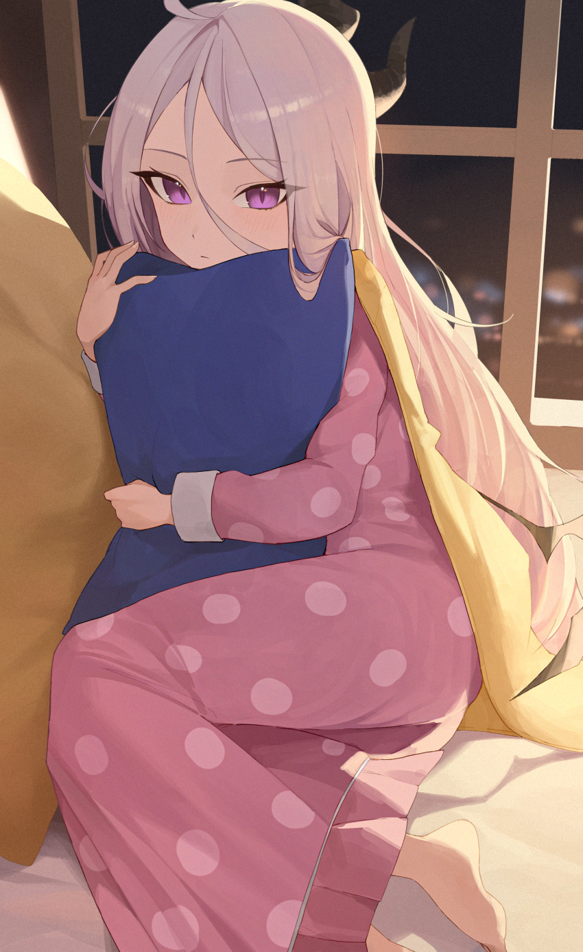 Safebooru - 1girl absurdres barefoot black horns blue archive cardigan cardigan on shoulders ...