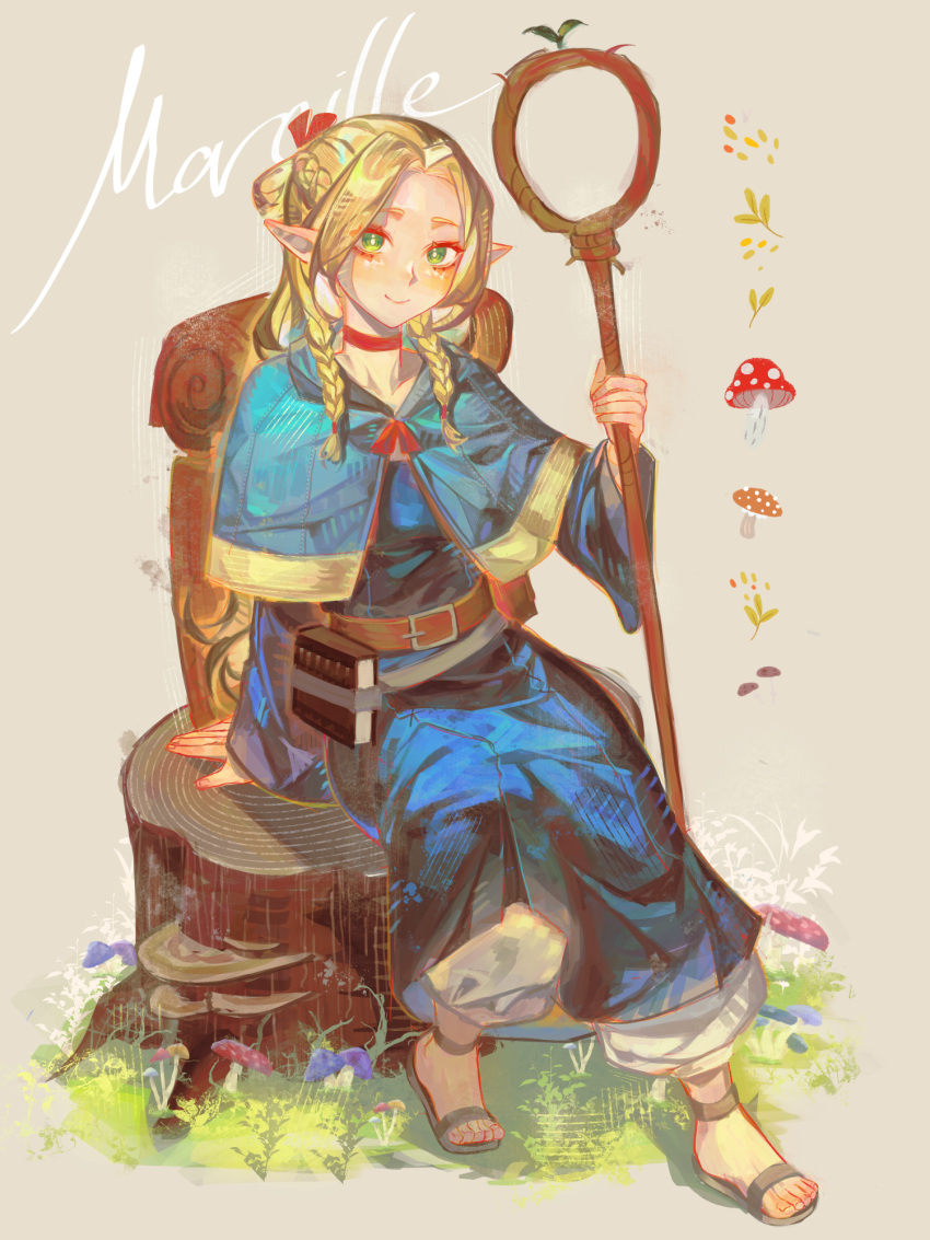 Safebooru - 1girl ambrosia (dungeon meshi) backpack bag black choker blonde hair blue capelet ...