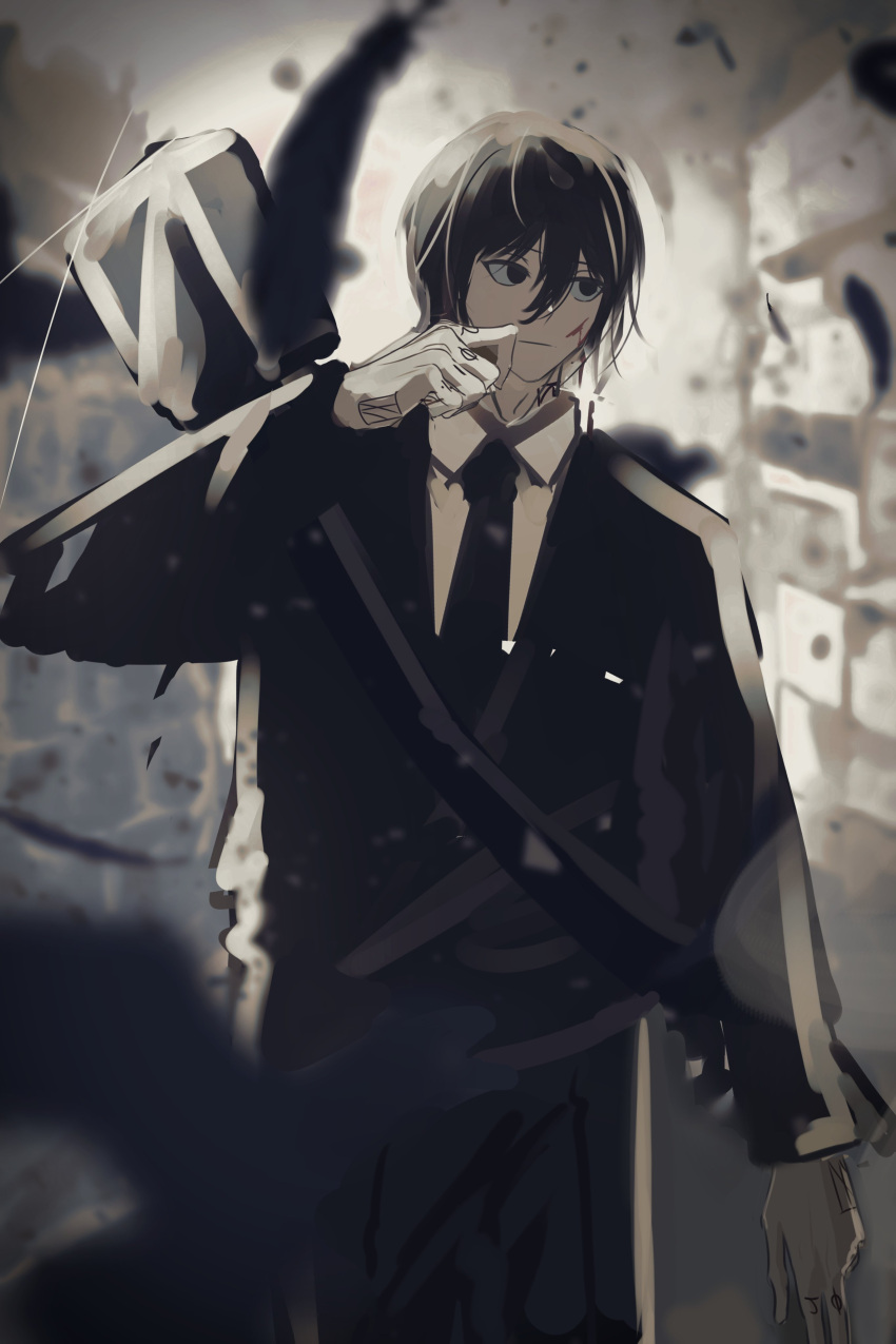 Safebooru - 1boy absurdres black eyes black hair black necktie black pants black suit blurry ...