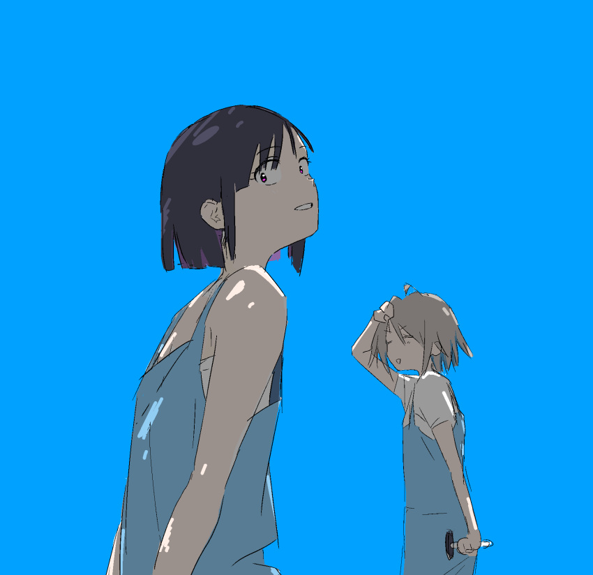 Safebooru - 2girls ahoge black hair blue background blue hair blue overalls brown hair closed ...