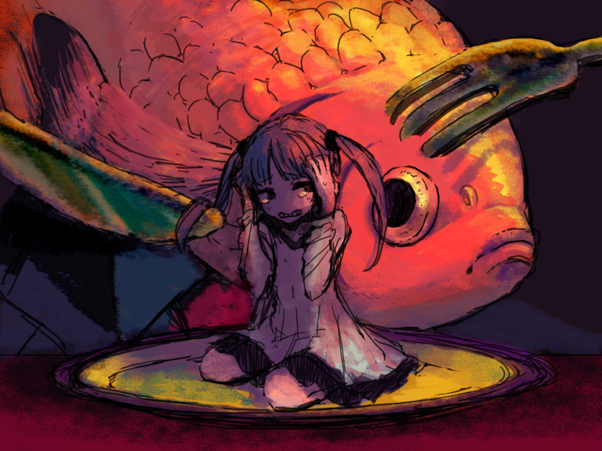 Safebooru - 1girl averting eyes clenched teeth crying dress fish fork ...