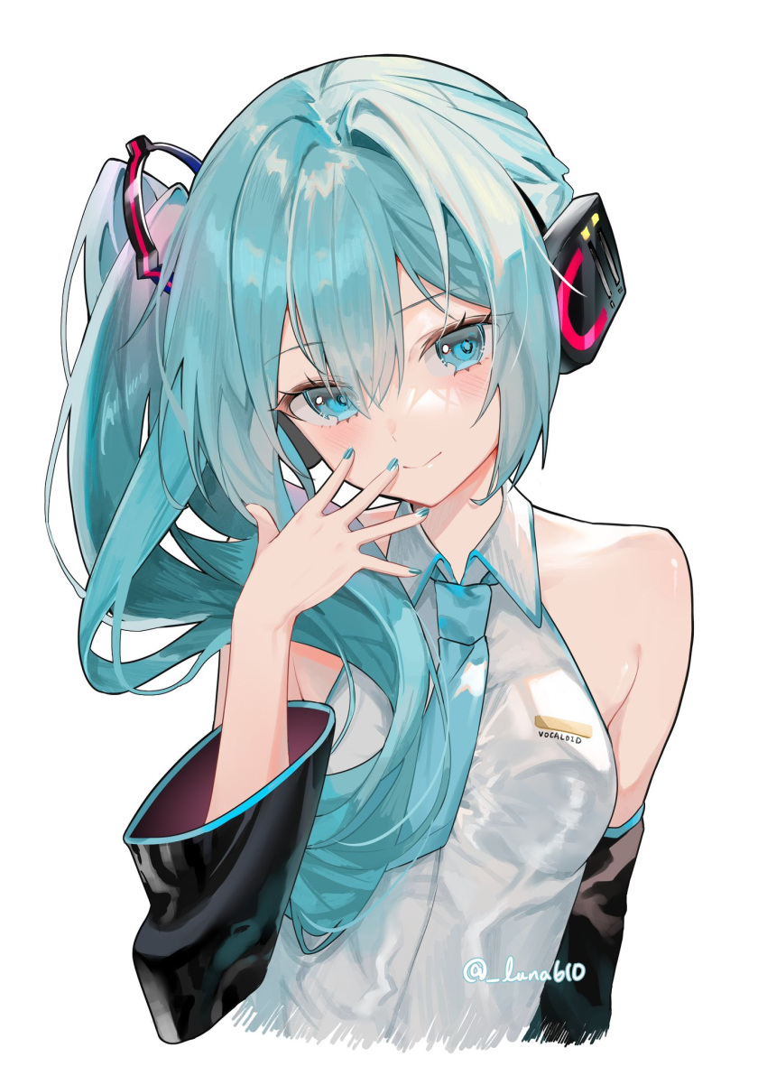 Safebooru - 1girl alternate hairstyle aqua eyes aqua hair aqua nails aqua necktie bare shoulders ...