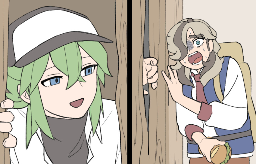 Safebooru - 2boys arven (pokemon) baseball cap breaking through wall ...
