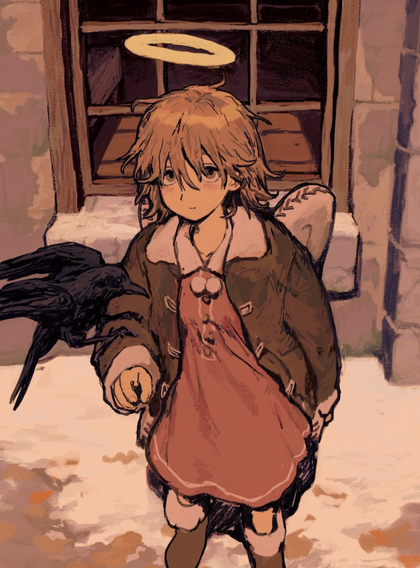 Safebooru - 1girl animal on arm bird bird on arm black bird blush boots brown coat brown eyes ...