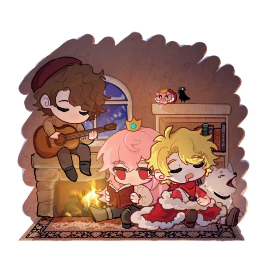 Safebooru - 3boys androgynous animal bird blonde hair bookshelf brown ...