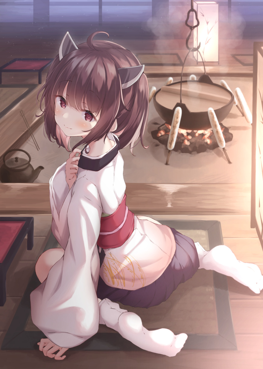 Safebooru - 1girl absurdres ahoge andon (lighting) blue skirt brown hair chabudai (table) closed ...