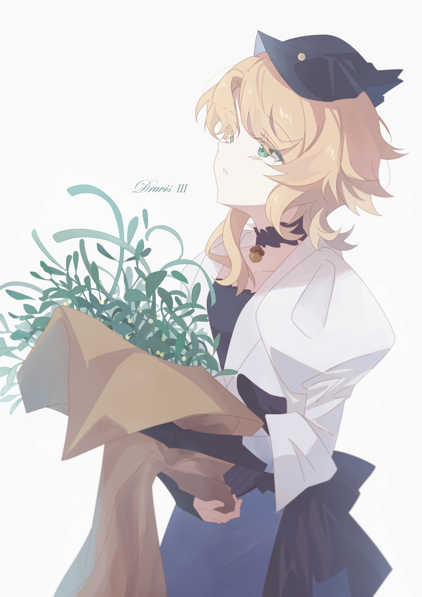 Safebooru - 1girl absurdres blonde hair blue dress blue hat bouquet character name dress druvis ...