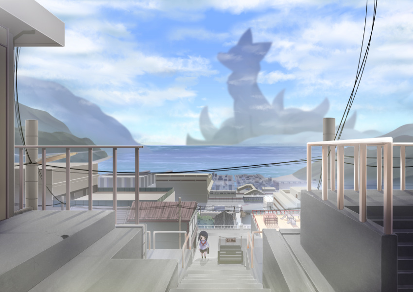 Safebooru - 1girl animal black eyes black hair blue sky building city clouds commentary request ...