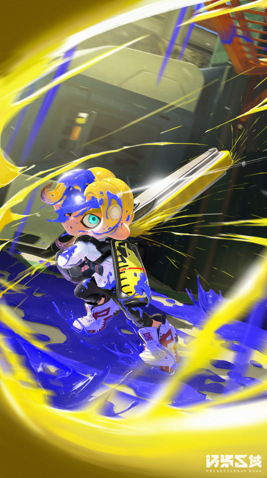 Safebooru - 1boy absurdres black pants blonde hair blue eyes blurry blurry foreground buttons ...