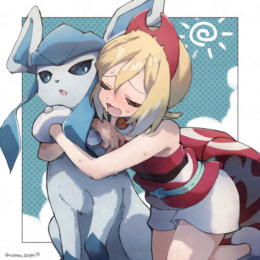 Safebooru - blush closed eyes clouds glaceon highres hug irida (pokemon) nako (nekono shippo75 ...