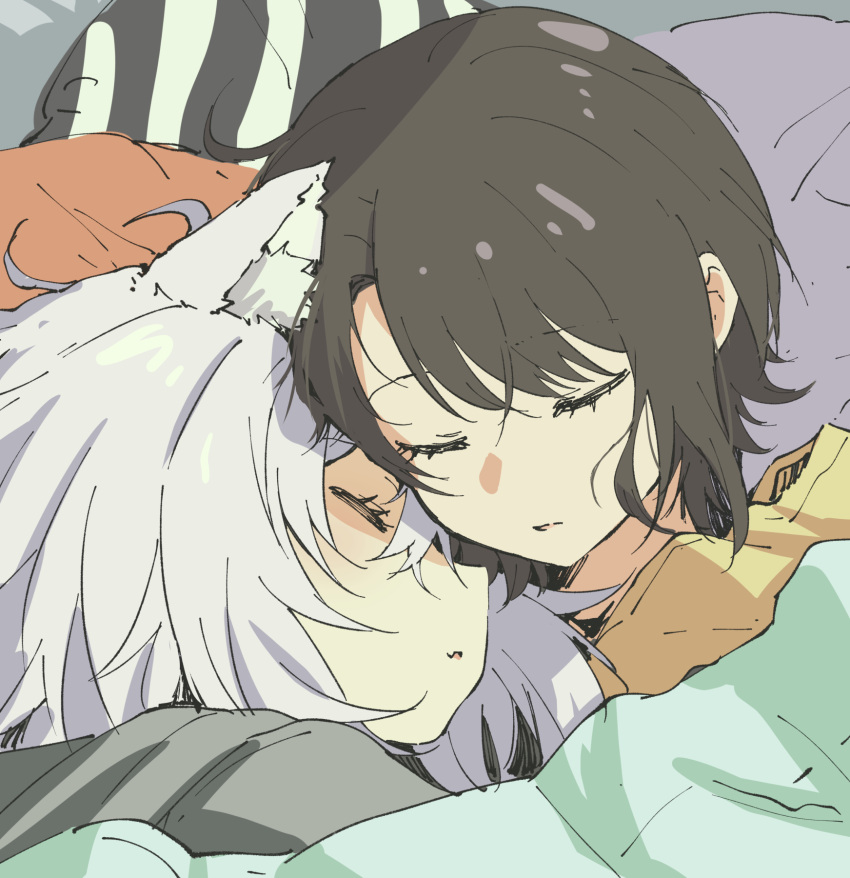 Safebooru - 2girls animal ears bed sheet black hair cat ears cat girl ...