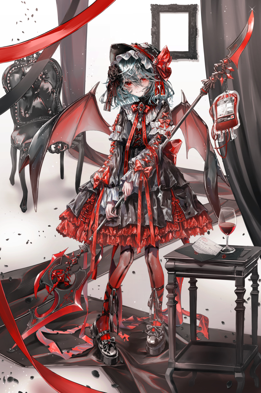 Safebooru - 1girl bat wings black curtains black dress black flower black footwear black rose ...