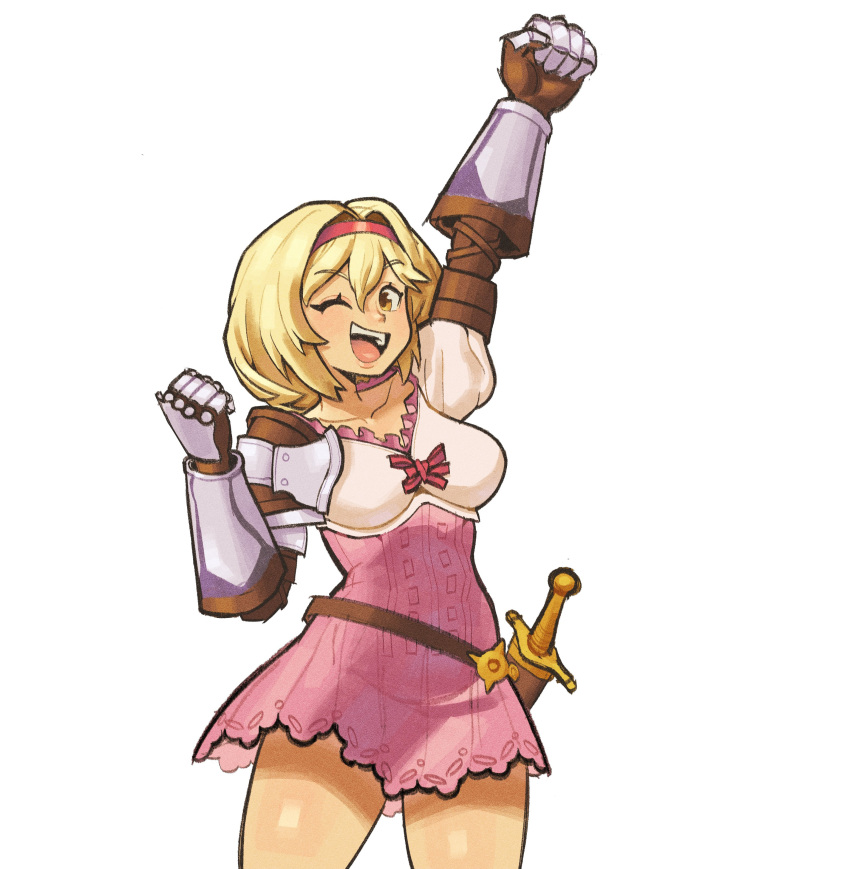 Safebooru - 1girl absurdres arm up blonde hair breasts brown eyes clenched hands collarbone ...