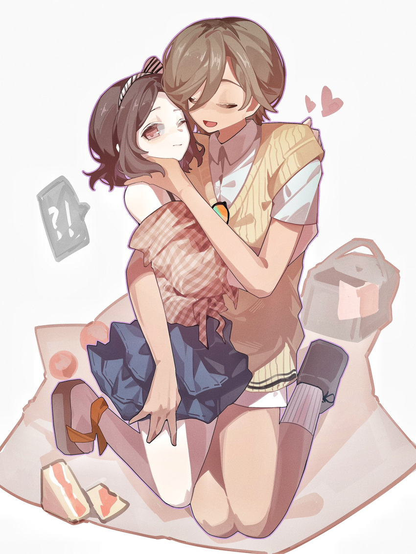 Safebooru - !? 2girls blue skirt brown hair brown sweater vest collared shirt commentary dress ...