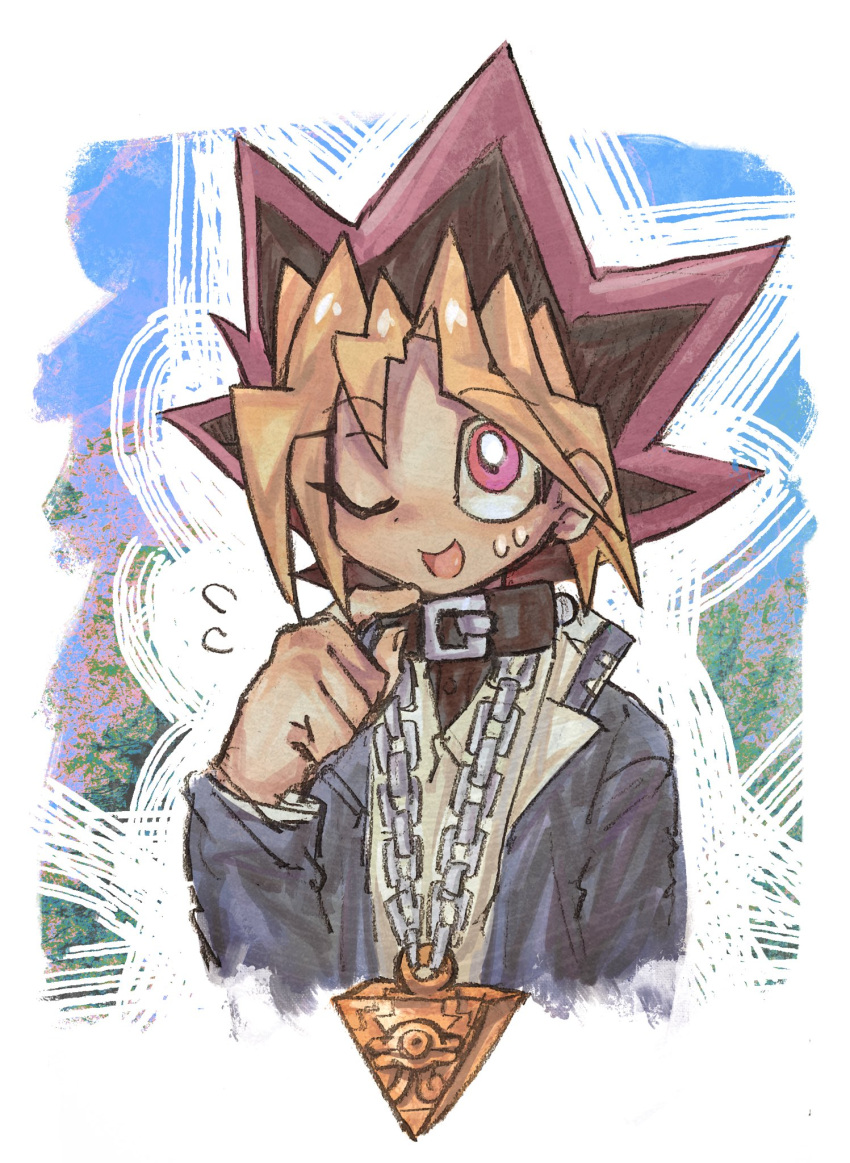 Safebooru - 1boy belt belt collar black belt black hair blonde hair blue jacket chain chain ...