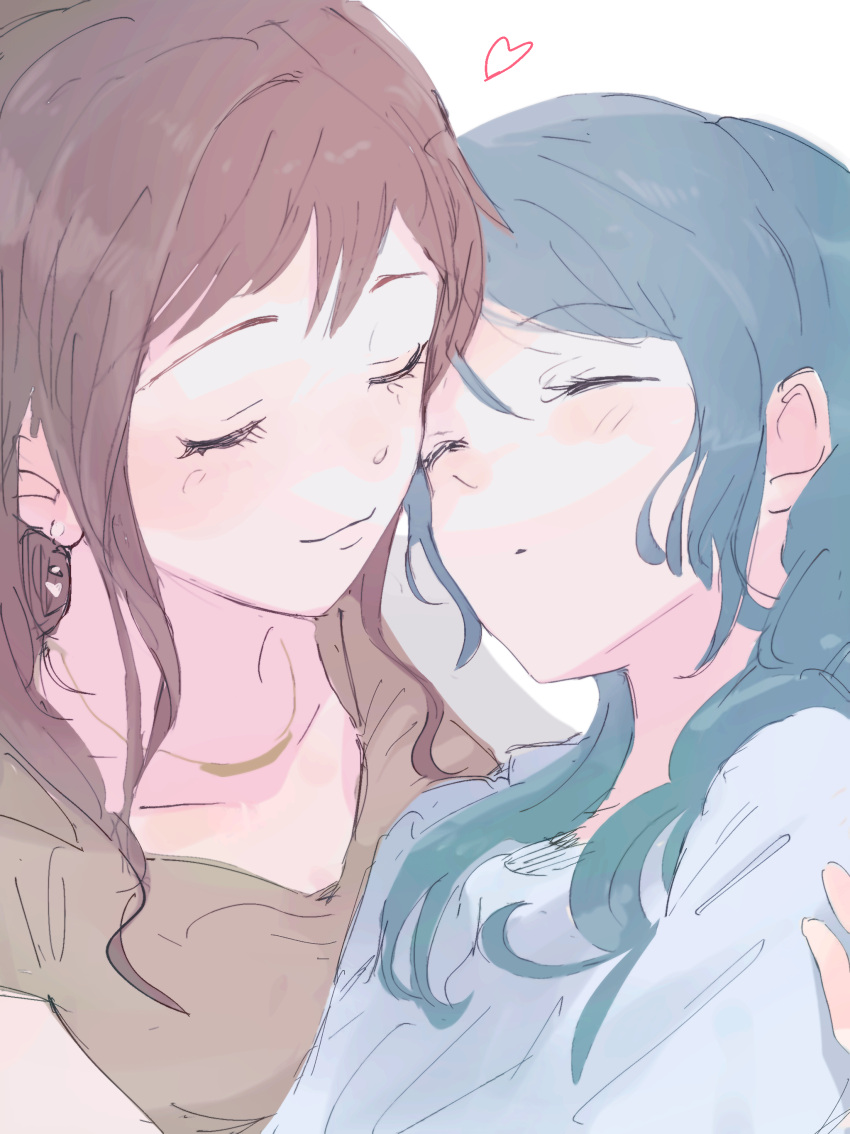 Safebooru - 2girls absurdres aqua hair bang dream! blue shirt blush brown hair brown shirt ...