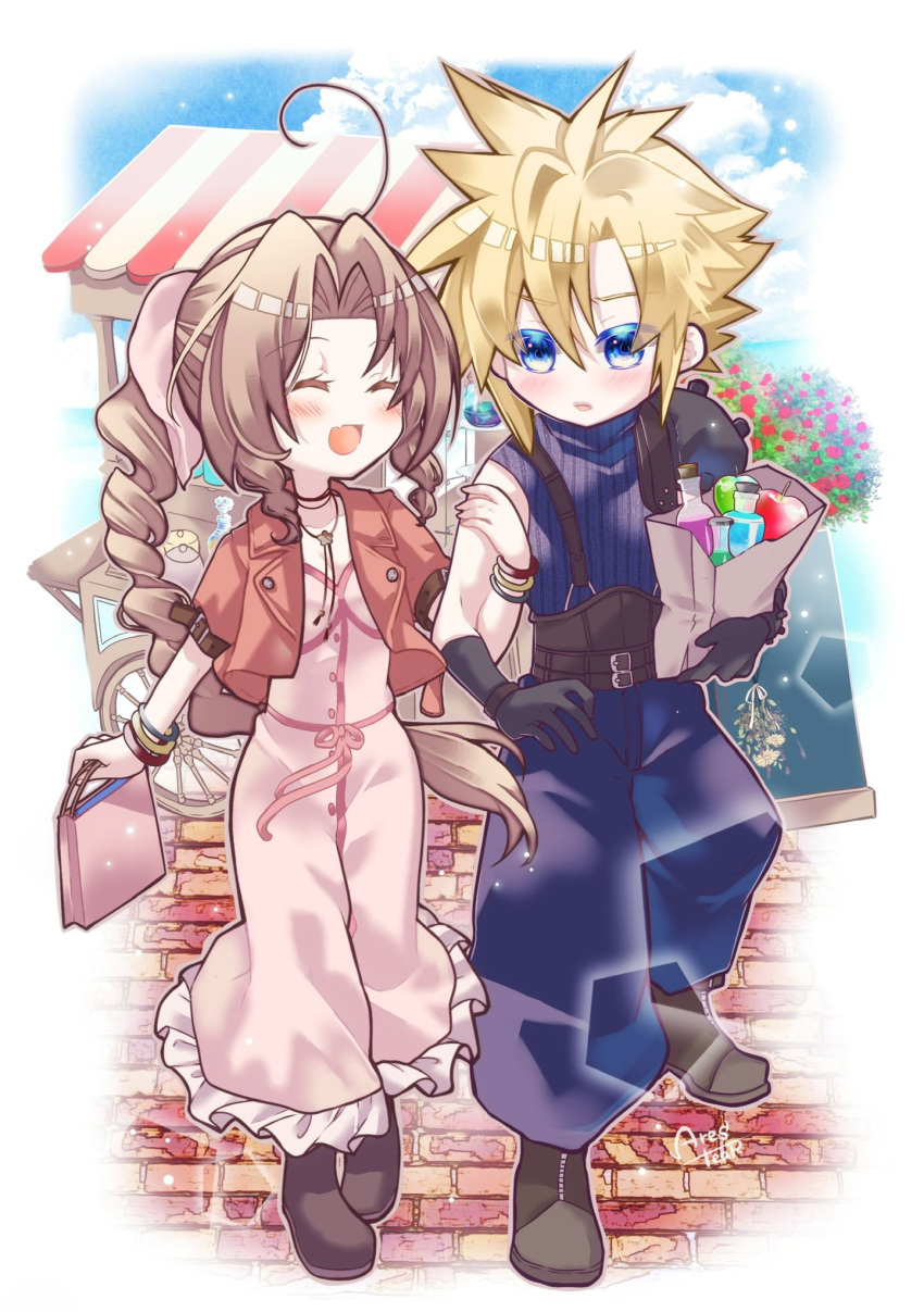 Safebooru - 1boy 1girl aerith gainsborough apple arestear0701 armor artist name bag baggy pants ...