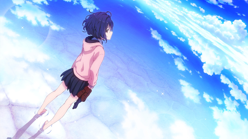 Safebooru - 1girl 22/7 22/7 ongaku no jikan barefoot black skirt blue hair blue sky brown eyes ...