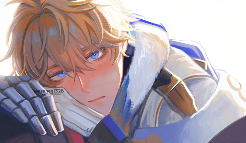 Safebooru - 2boys armored gloves artist name asanegi328 black shirt blonde hair blue eyes blush ...