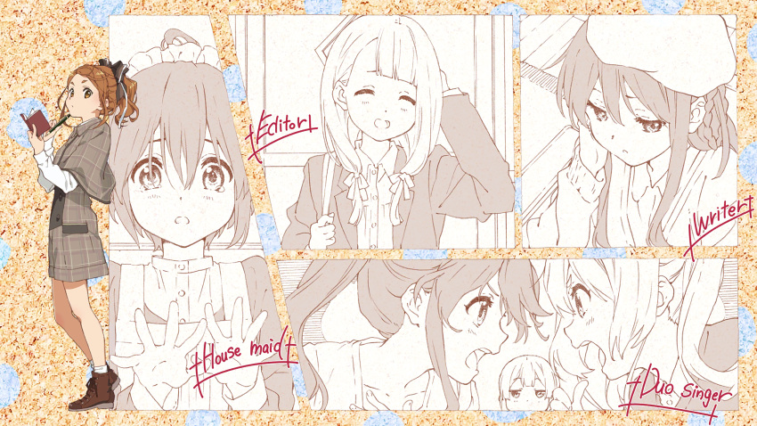 Safebooru - 22/7 22/7 ongaku no jikan 6+girls arm behind head bow braid braided hair rings brown ...