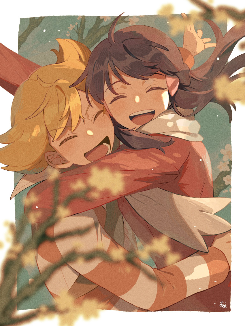 Safebooru - 1boy 1girl :d barry (pokemon) black hair blonde hair blurry blurry foreground border ...