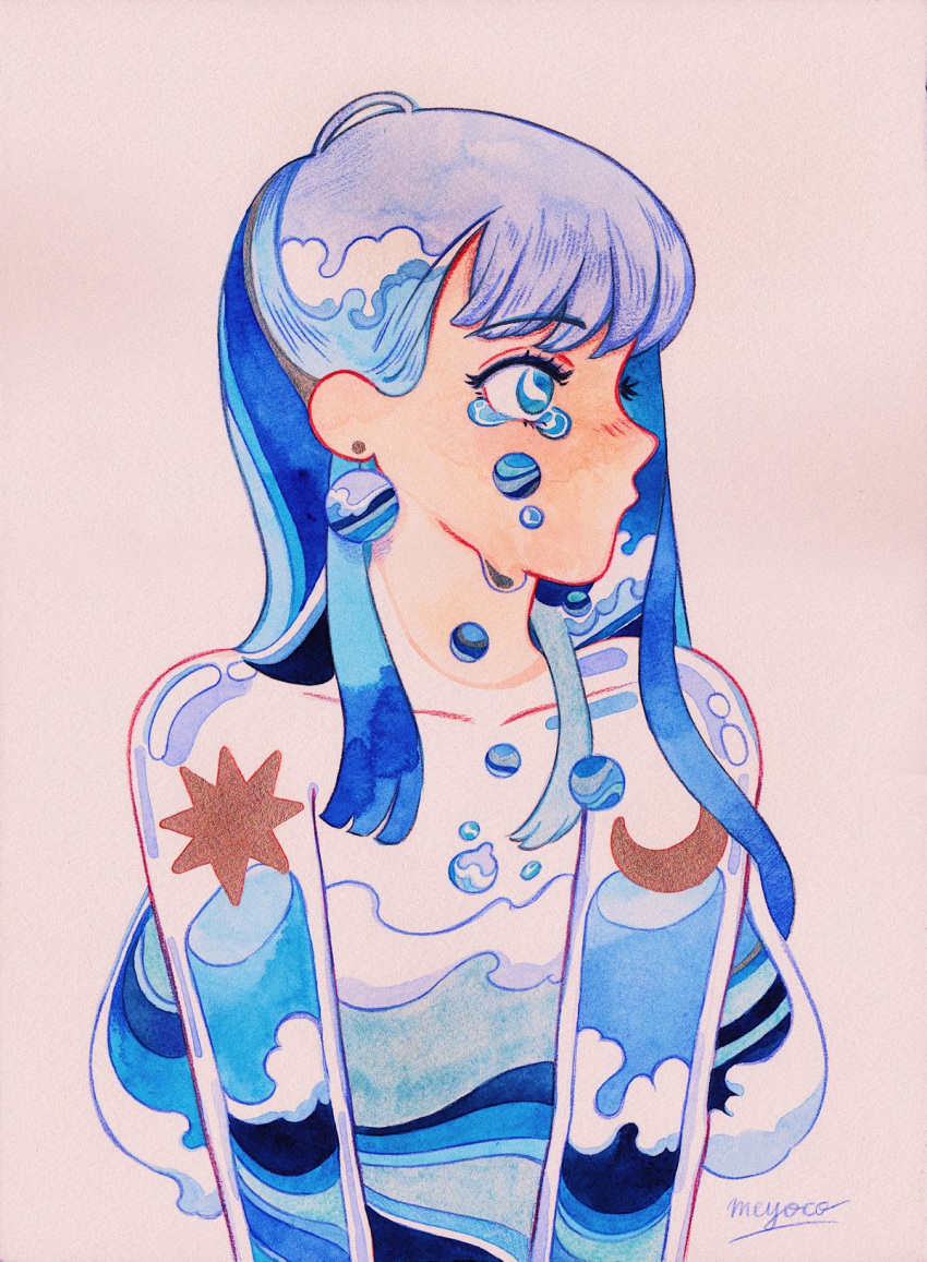 Safebooru - 1girl artist name blue eyes blue hair crescent moon crying ...