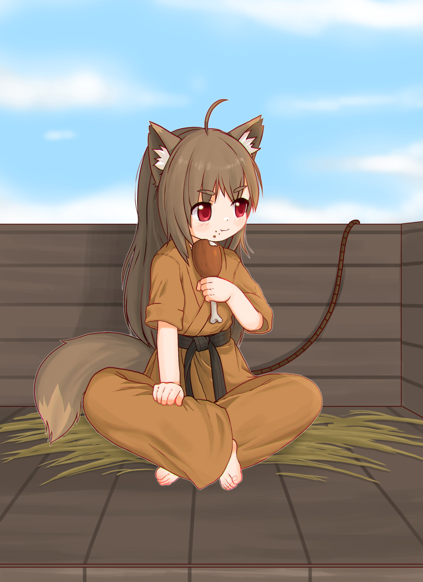 Safebooru - 1girl absurdres animal ear fluff animal ears barefoot belt black belt blue sky brown ...