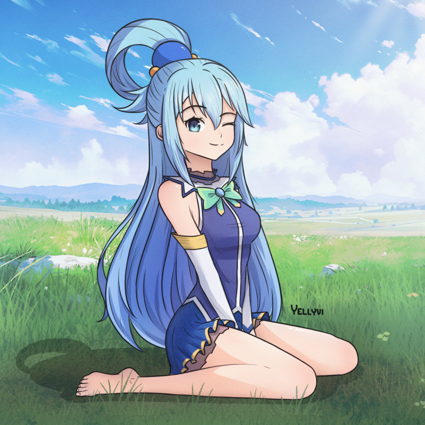 Safebooru 1girl Aqua Konosuba Aqua Hair Barefoot Beads Bow Breasts 4596