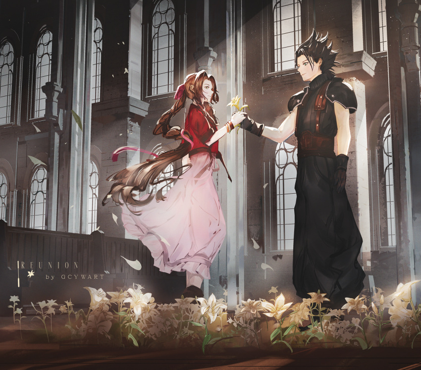 Safebooru - 1boy 1girl aerith gainsborough armor artist name baggy pants bangle black gloves ...