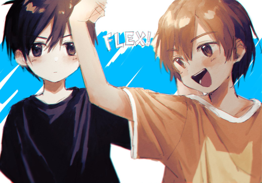 Safebooru - 2boys black eyes black hair black shirt blush brown eyes ...