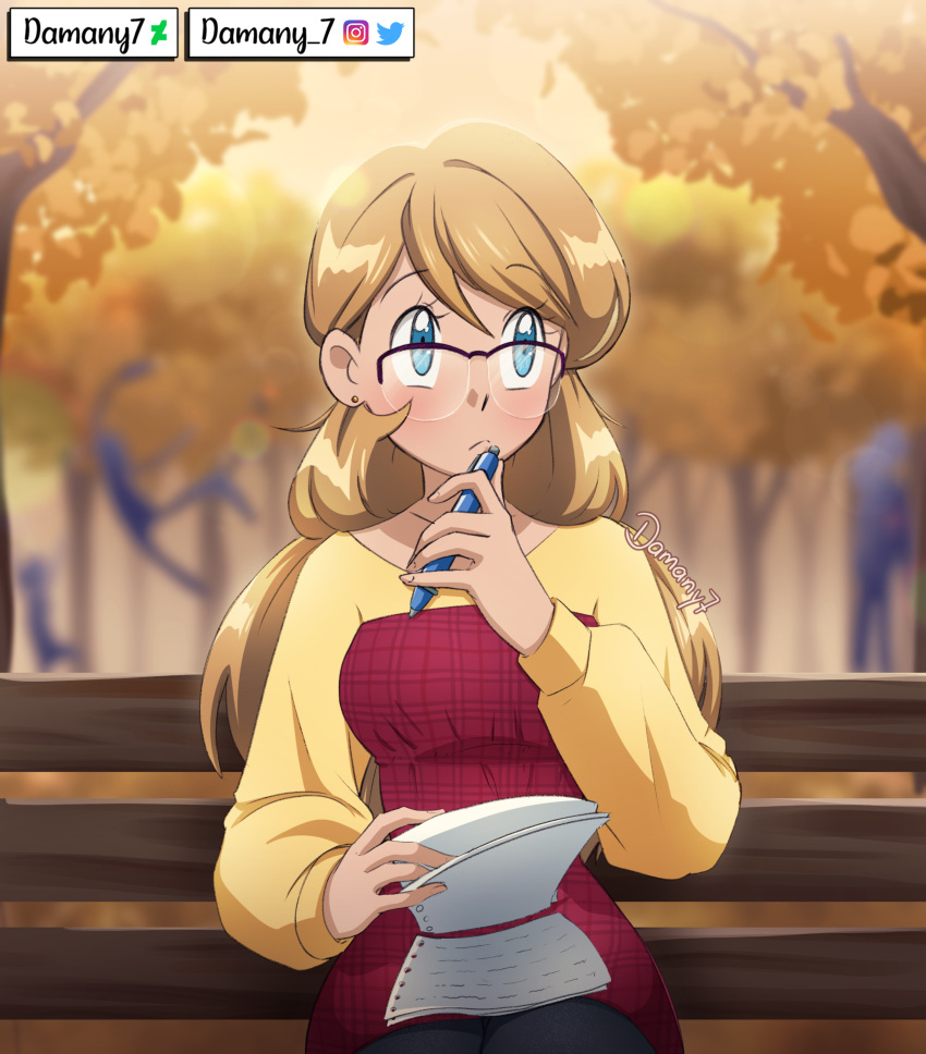 Safebooru - 1girl absurdres aged up artist name bench black-framed ...