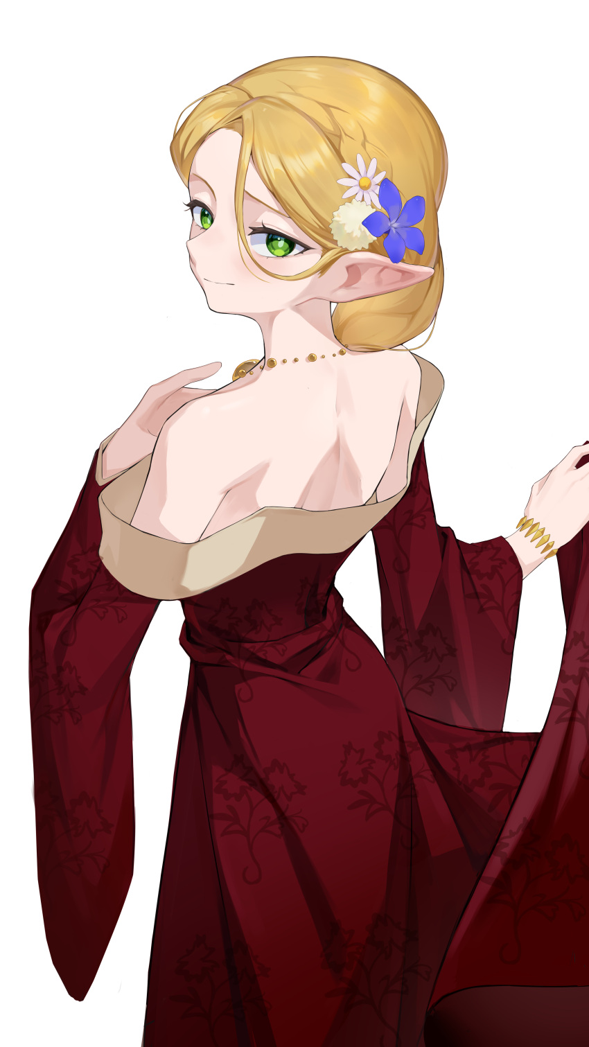 Safebooru - 1girl absurdres bare shoulders blonde hair dress dungeon meshi elf floral print ...