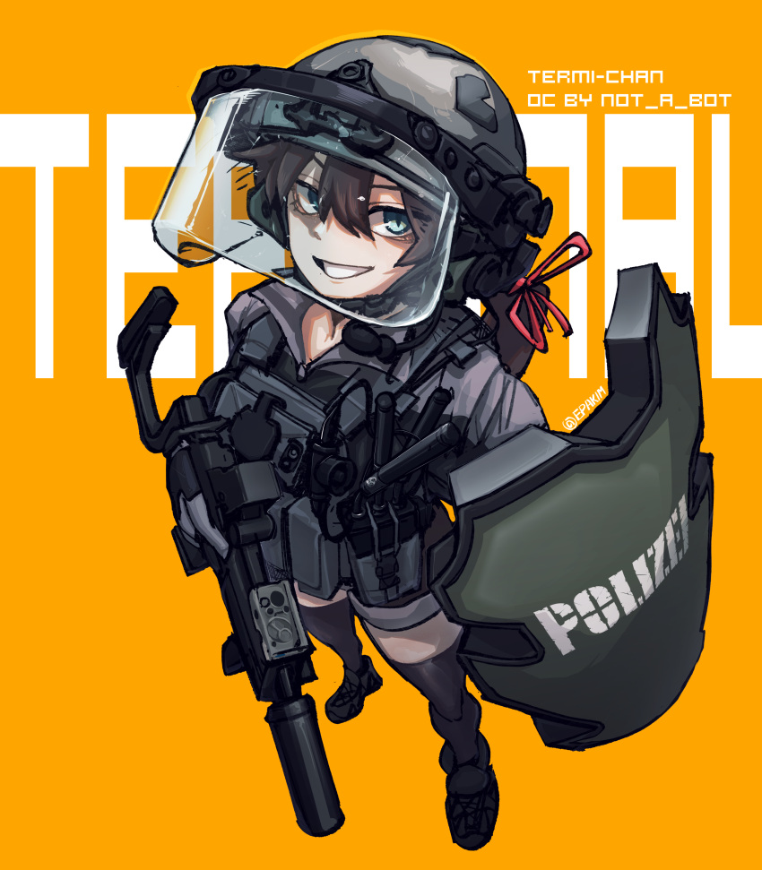 Safebooru - 1girl absurdres black thighhighs blue eyes brown hair chest ...