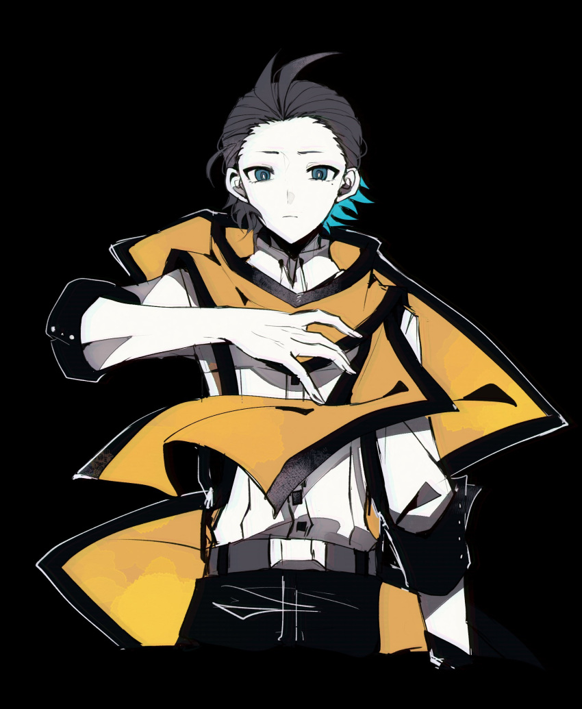 Safebooru - 1boy absurdres arm up belt black background black hair black pants blue eyes dress ...