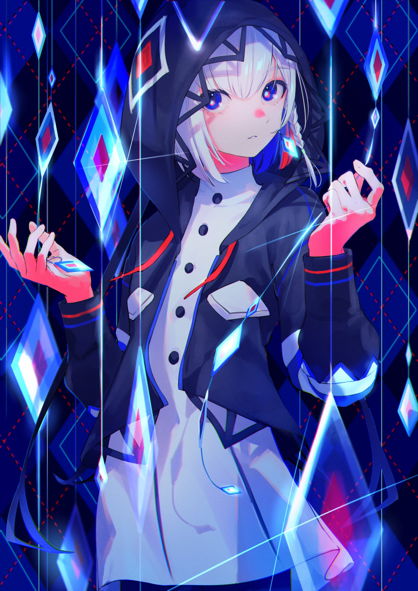 Safebooru - 1girl absurdres aqua pupils argyle background black jacket blue background blue eyes ...