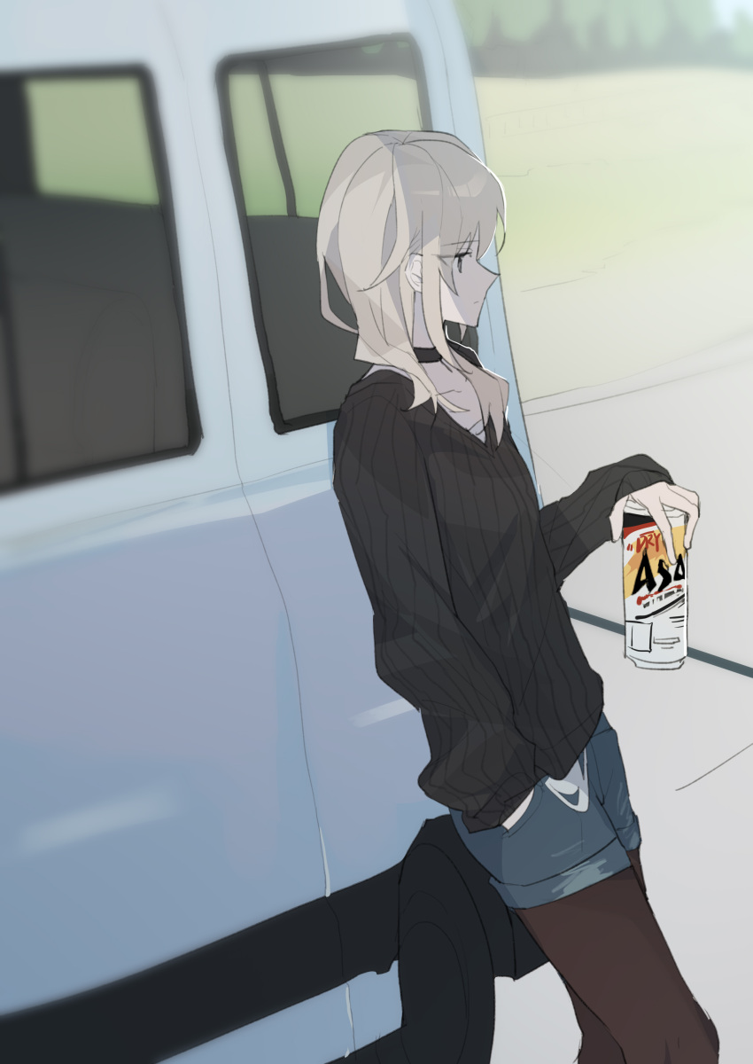 Safebooru - 1girl absurdres asahi breweries beer can black choker black pantyhose black sweater ...