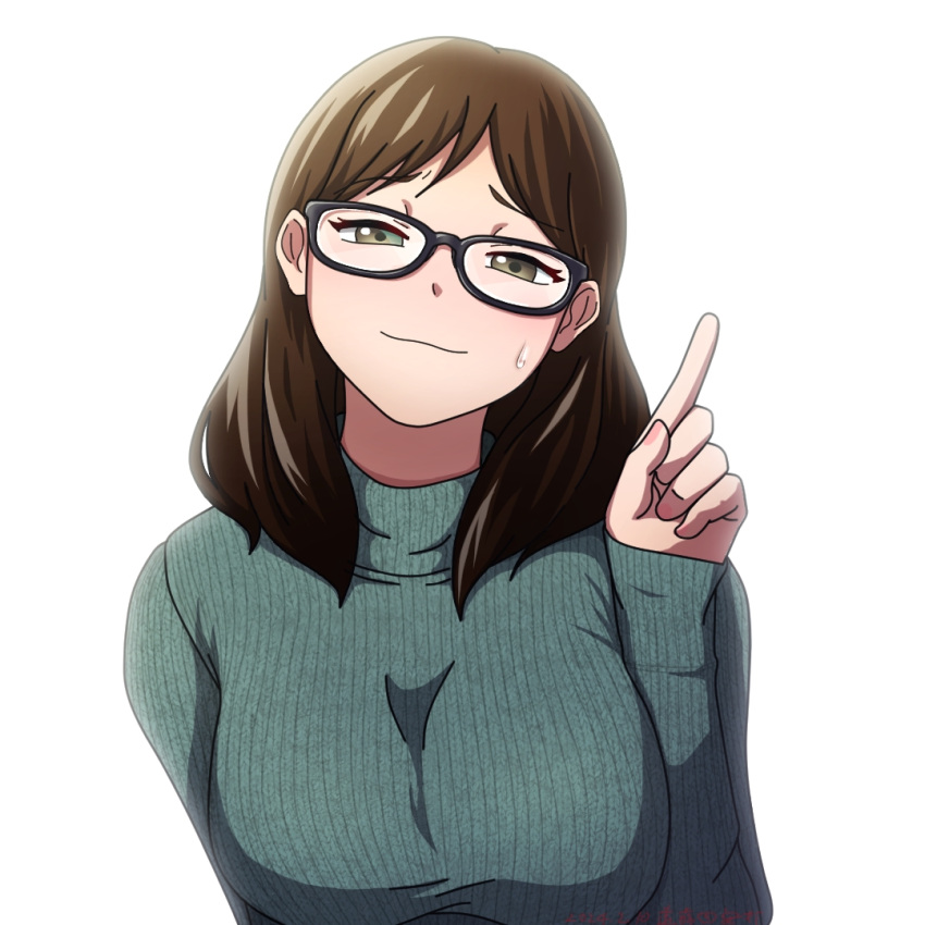 Safebooru - 1girl black-framed eyewear brown hair chai endo dated glasses index finger raised ...