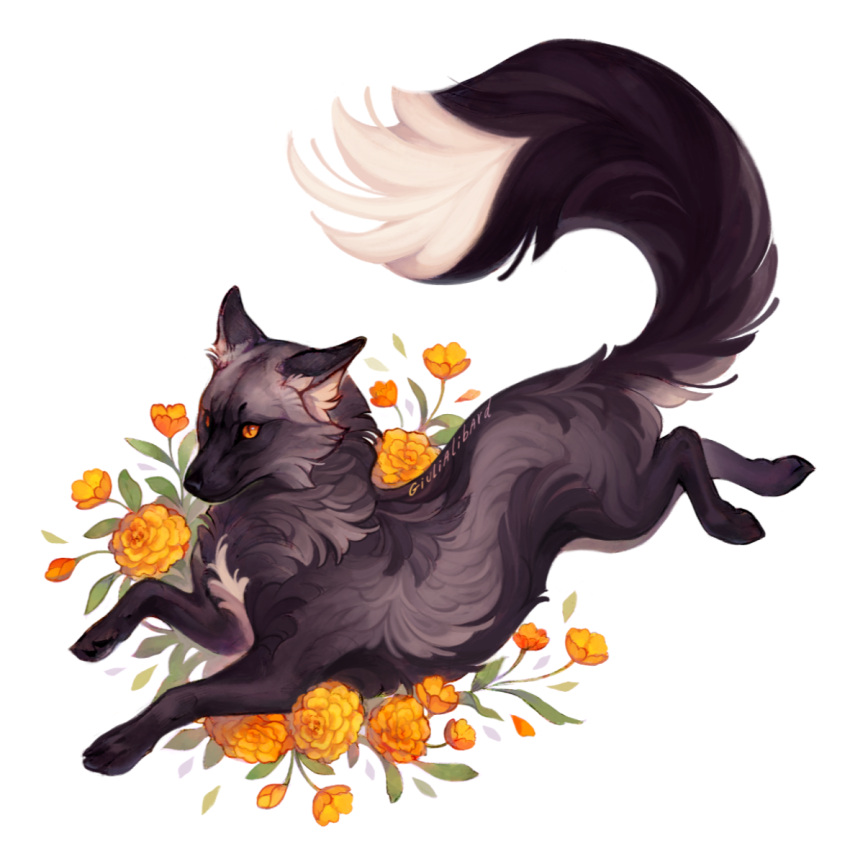 Safebooru - animal animal focus black fur flower fox full body ...