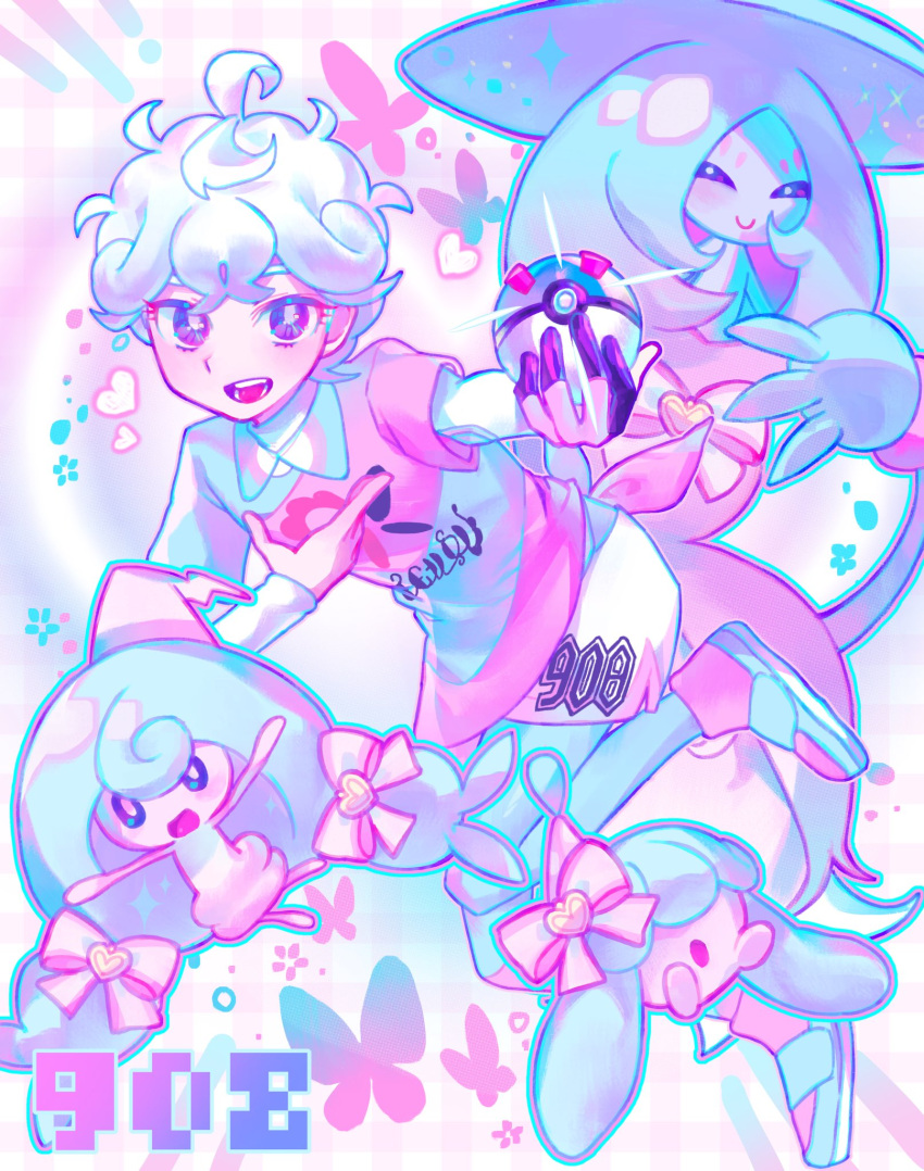 Safebooru - 1boy :d ahoge bede (pokemon) curly hair evolutionary line ...