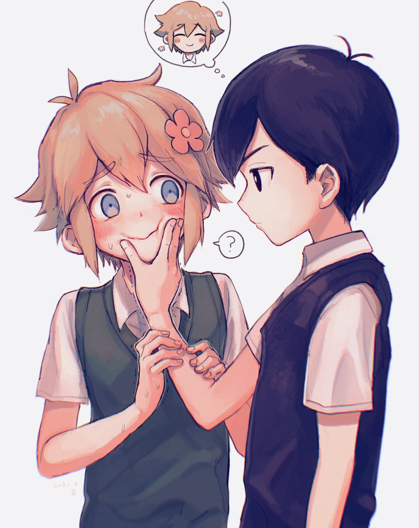 Safebooru - 2boys ? basil (faraway) (omori) basil (omori) black eyes black hair black sweater ...