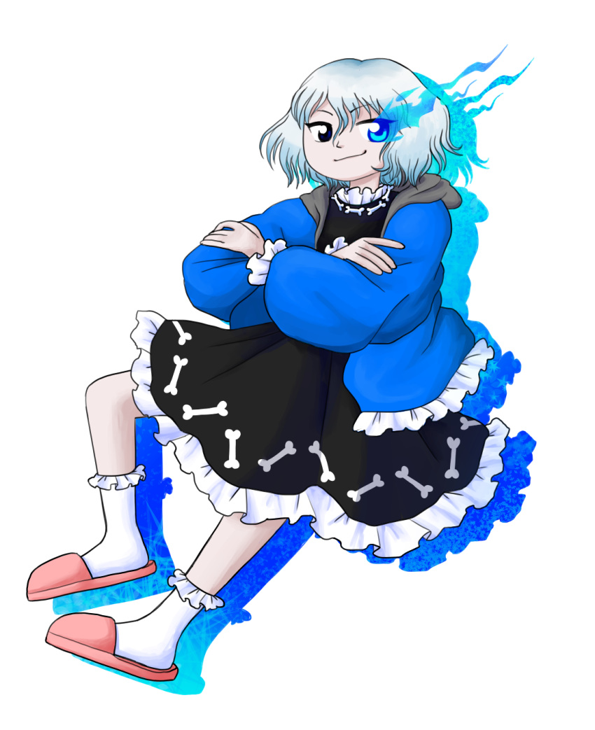 Safebooru - 1girl black dress blue eyes blue jacket bone crossed arms ...