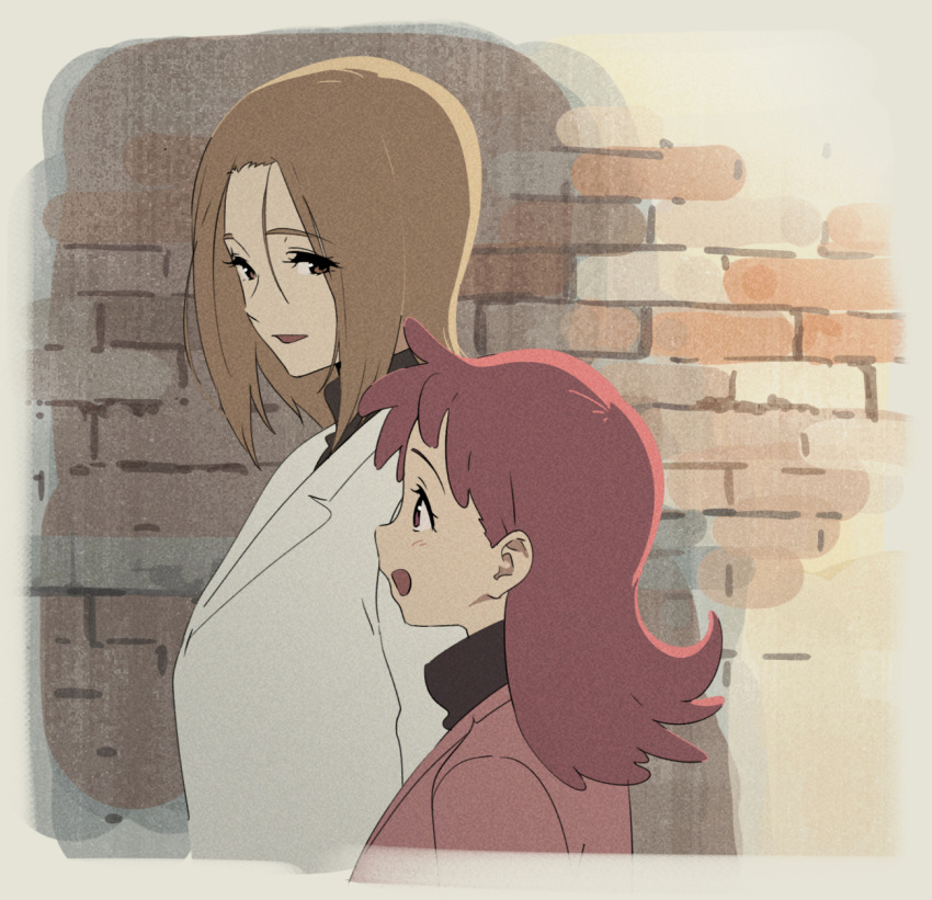 Safebooru - 2girls arms at sides black shirt border brick wall brown ...