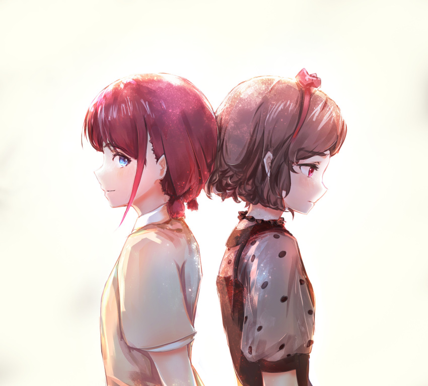 Safebooru - 2girls absurdres blue eyes blush brown hair brown shirt closed mouth commentary ...