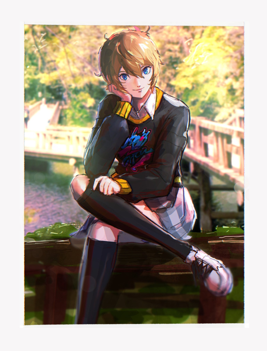 Safebooru - 1girl arai motoha black socks blue eyes brown hair collar ...
