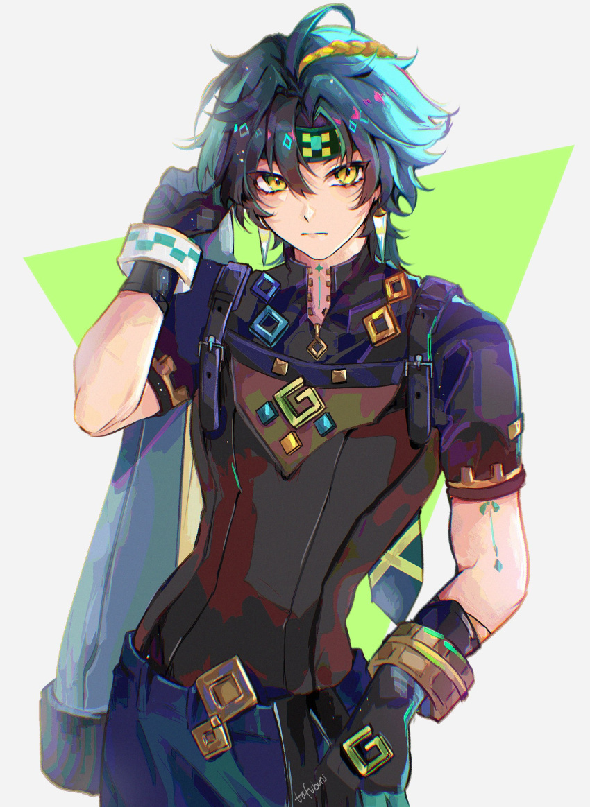 Safebooru - 1boy absurdres aqua hair black gloves black hair black pants black shirt closed ...